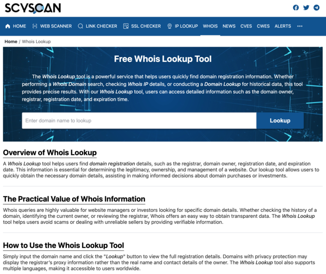 Free Whois Lookup Tool - Real-Time Domain Lookup - ICANN - ScyScan
